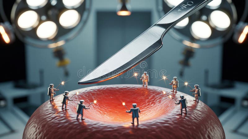 Surgeons Operating on a Red Blood Cell with a Scalpel in a Futuristic ...