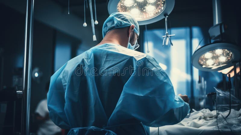 Surgical Environment with a Back View of a Surgeon Conducting an ...