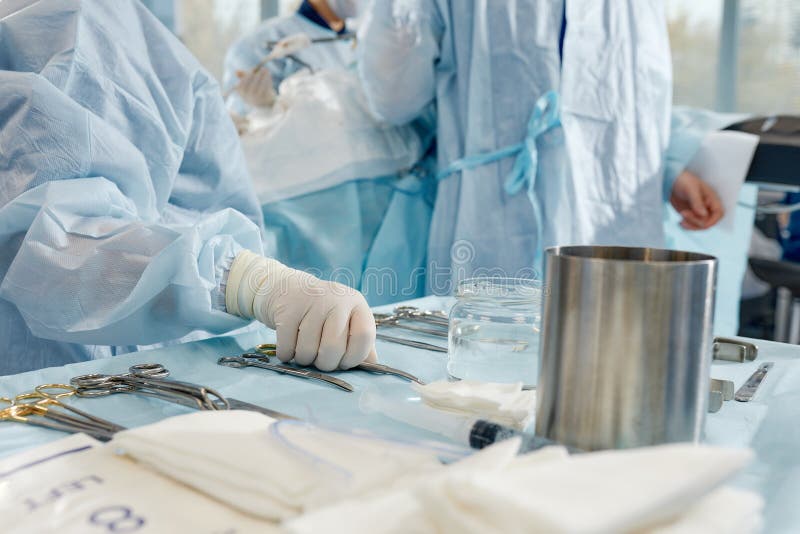 Surgical Instruments in Operating Room on Table. Stock Image - Image of ...