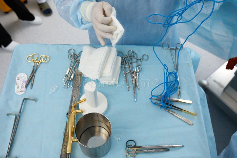 Surgical Instruments in Operating Room on Table. Stock Image - Image of ...