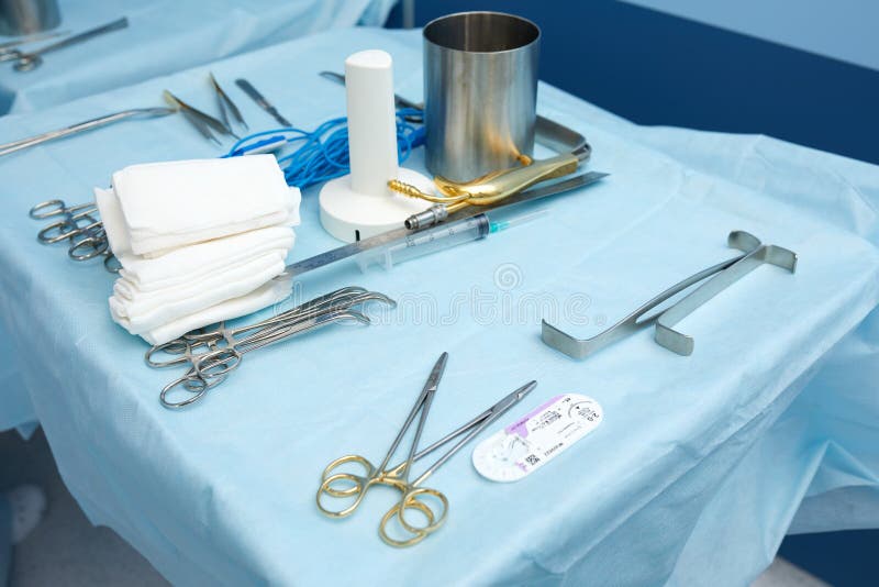 Surgical Instruments in Operating Room on Table. Stock Image - Image of ...