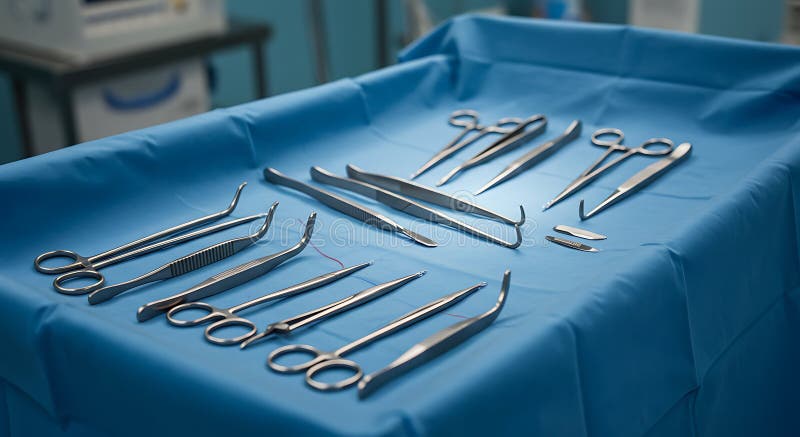 Surgical Instruments: a Sterile, Precise Arrangement on Blue Drape ...