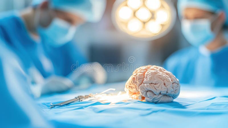 Surgical Team Performing Operation with Human Brain on Table Under Bright Lights Stock ...