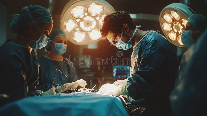 Surgical Team Performing Procedure Under Bright Lights in Operating ...