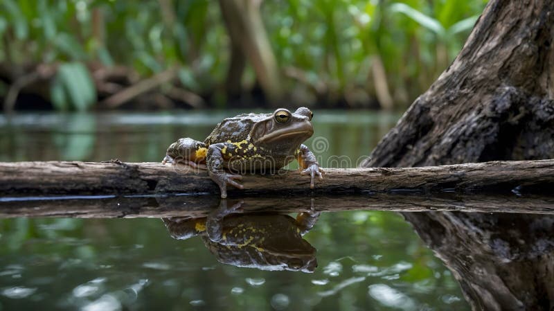 Surinam Toad Resting Beneath a Large Leaf with Raindrops in a Misty ...