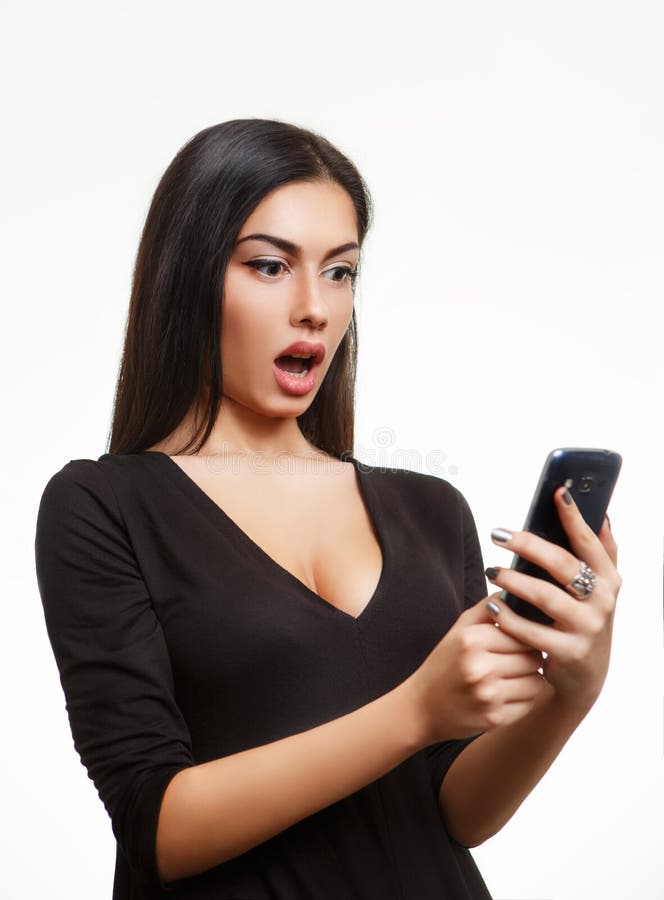 Surpised Shocked Woman Looking at Phone Stock Image - Image of shocked ...