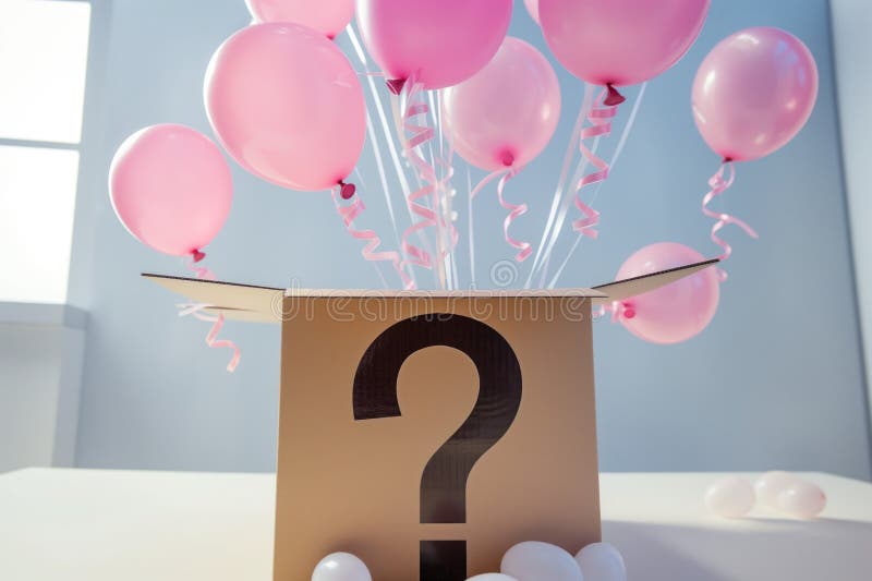 Surprise Box with Question Mark Opening with Pink Balloons Flying Out ...