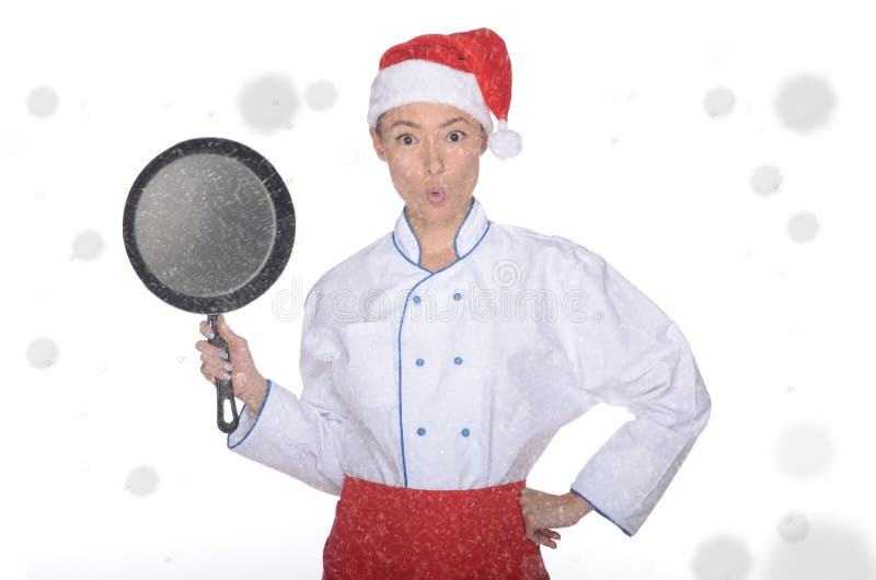 Surprised Asian Chef with Frying Pan and Christmas Hat Stock Image ...