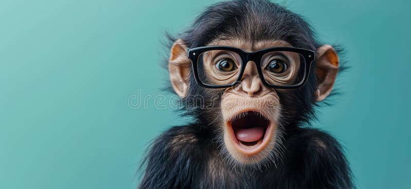 Surprised Baby Monkey Wearing Glasses with Expressive Face Against Teal ...