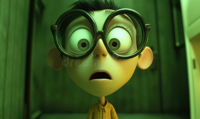 Surprised Boy with Oversized Glasses in Eerie Green Lighting ...