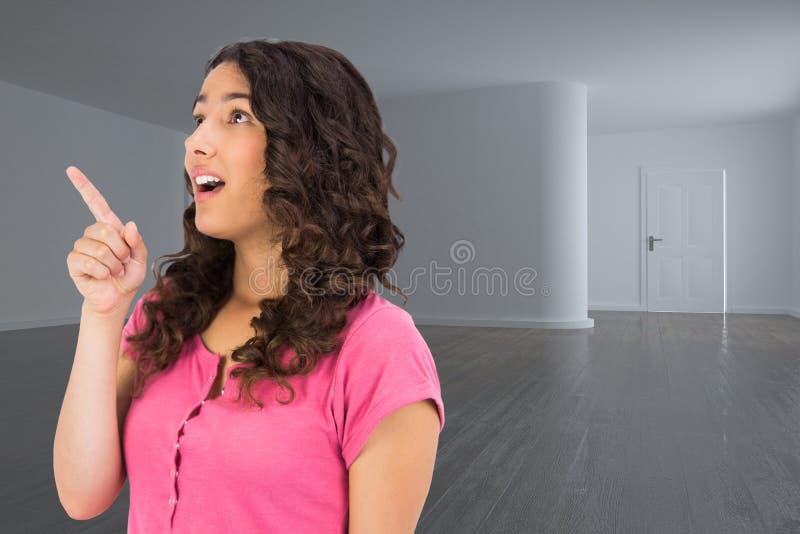 Surprised Brown Haired Woman Pointing Out Stock Photo - Image of ...