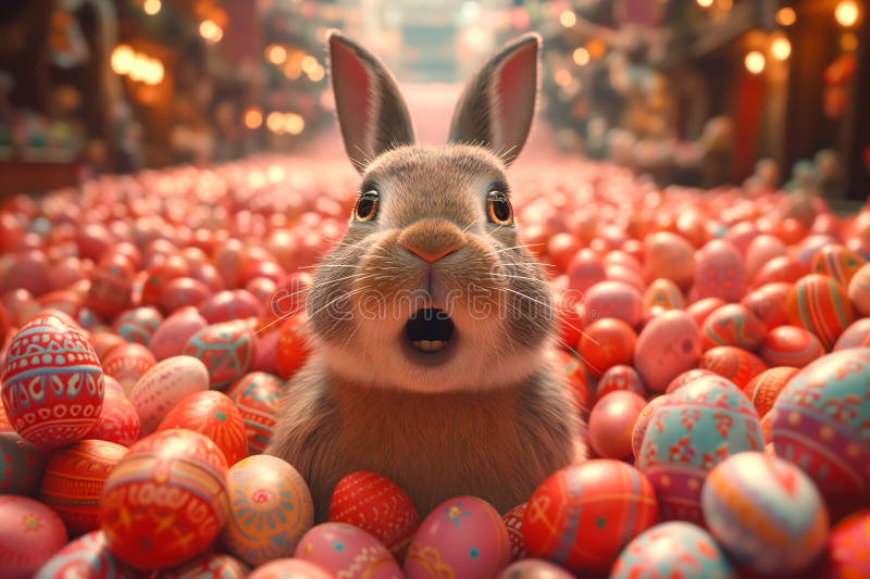 Surprised Bunny among Easter Eggs. Easter Scene Stock Photo - Image of ...