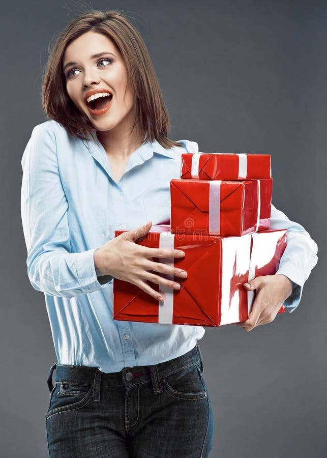 Surprised Business Woman Hold Red Gift. Stock Image - Image of blue ... Surprised Business Woman Hold Red Gift. Stock Image - Image of blue ...