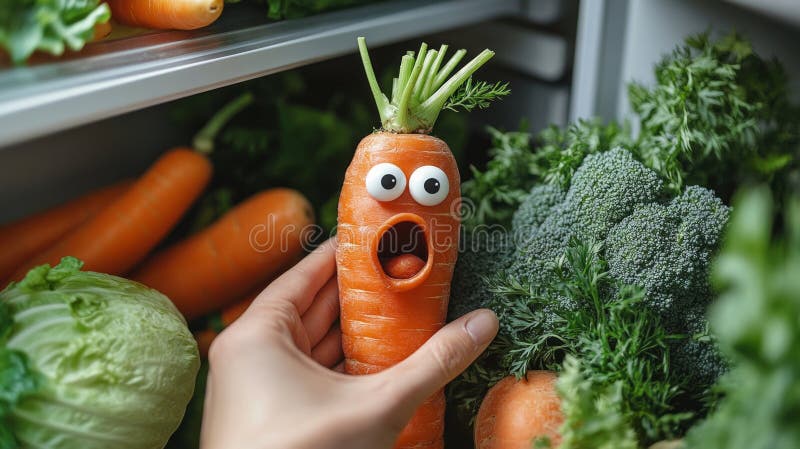 Surprised Carrot with Googly Eyes among Vegetables in Refrigerator ...