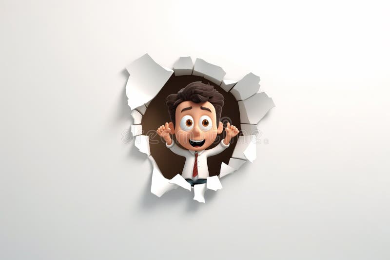 Surprised Cartoon Face Looking through Hole in White Paper. 3D ...