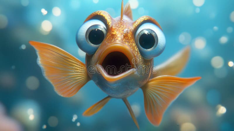 A Surprised Cartoon Fish with Big Eyes Swims Underwater Stock ...