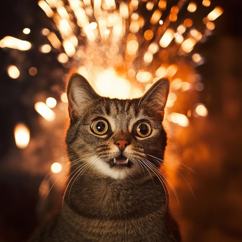 Surprised Cat Against Glowing Fireworks in Night Sky Stock Photo ...