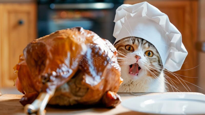 Surprised Cat in Chef Hat Gaping at Roast Turkey in Kitchen Setting ...