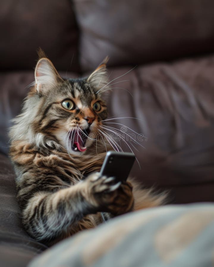 Surprised Cat Looking at Smartphone with Tongue Out Stock Image - Image ...
