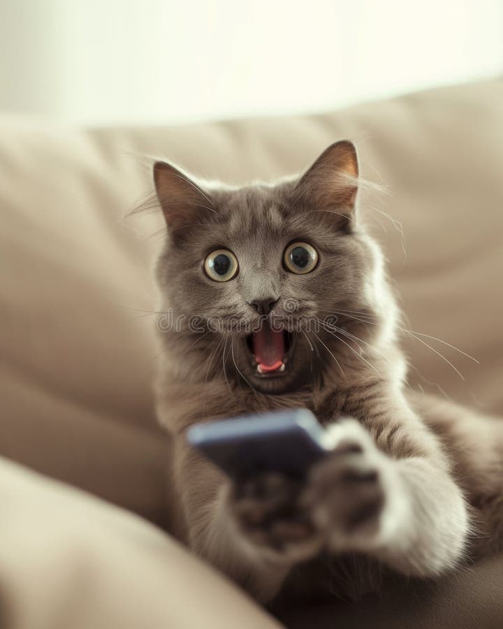 Surprised Cat Looking at Smartphone with Tongue Out Stock Photo - Image ...