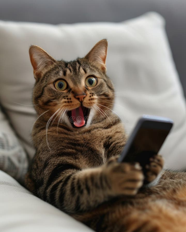 Surprised Cat Looking at Smartphone with Tongue Out Stock Photo - Image ...