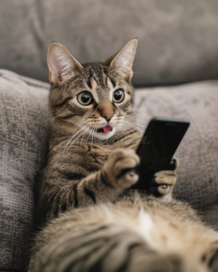 Surprised Cat Looking at Smartphone with Tongue Out Stock Photo - Image ...