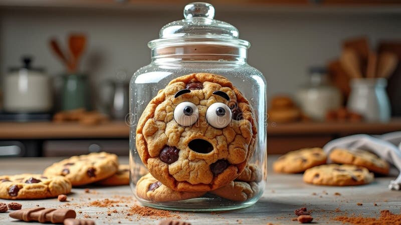Surprised Cookie Face in Glass Jar on Kitchen Counter with Scattered ...