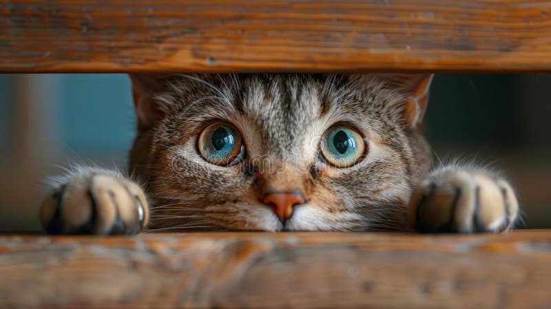 Surprised Curious Cat Peeking Out from Under Table on White Background ...