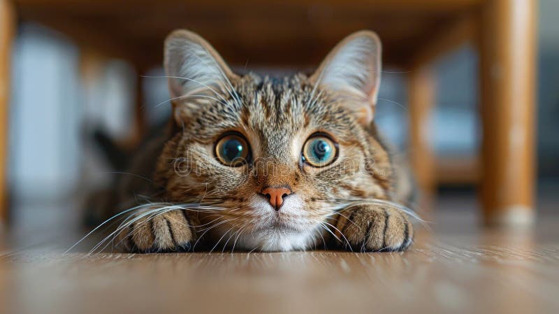 Surprised Curious Cat Peeking Out from Under Table on White Background ...