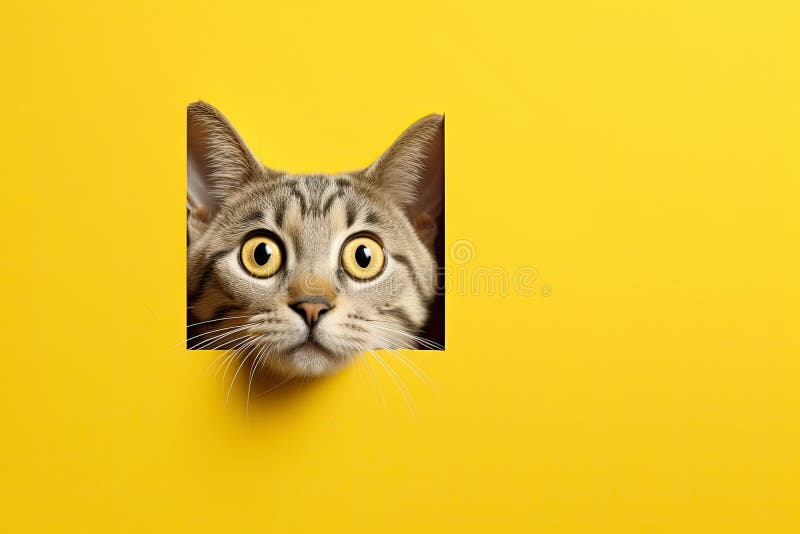 Surprised Cute Cat Leaning Out of Square Hole on Yellow Background ...
