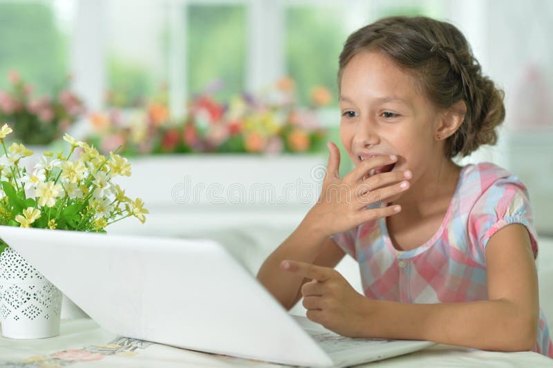 Surprised Cute Girl Using Laptop at Home Stock Image - Image of service ...