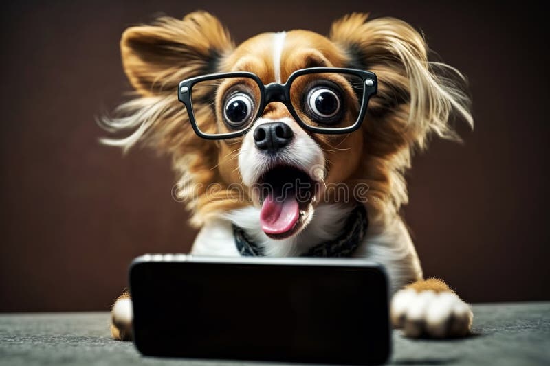 Surprised Dog Looking at Smartphone Screen. Generative AI. Stock ...