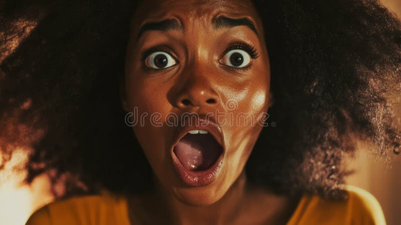 Surprised Expression of a Woman with Curly Hair and Dramatic Lighting ...
