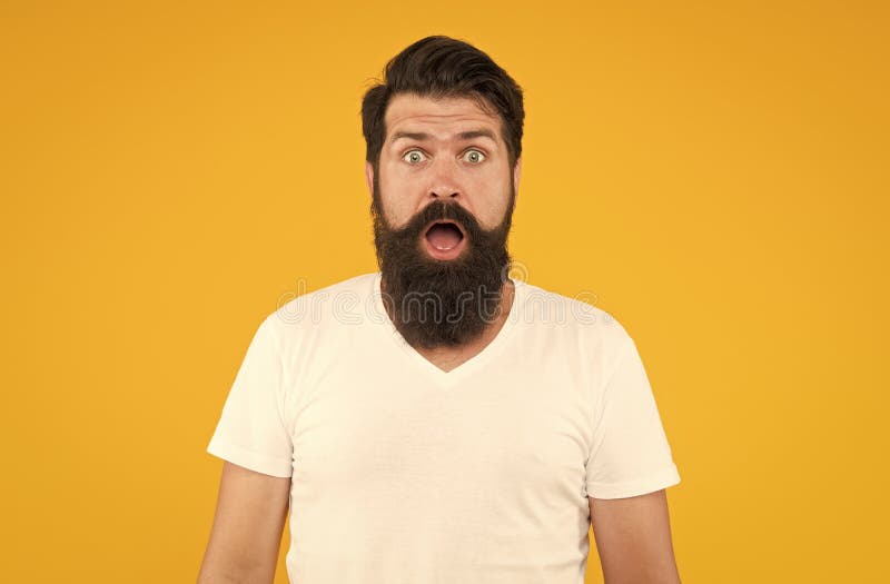 Surprised Face Expression Bearded Man Yellow Background, Shocking News ...