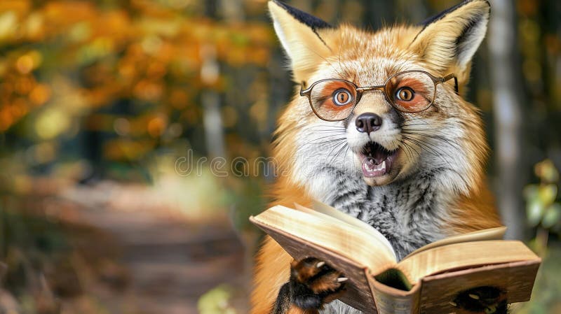 A Surprised Fox Reading a Book in the Woods Stock Illustration ...