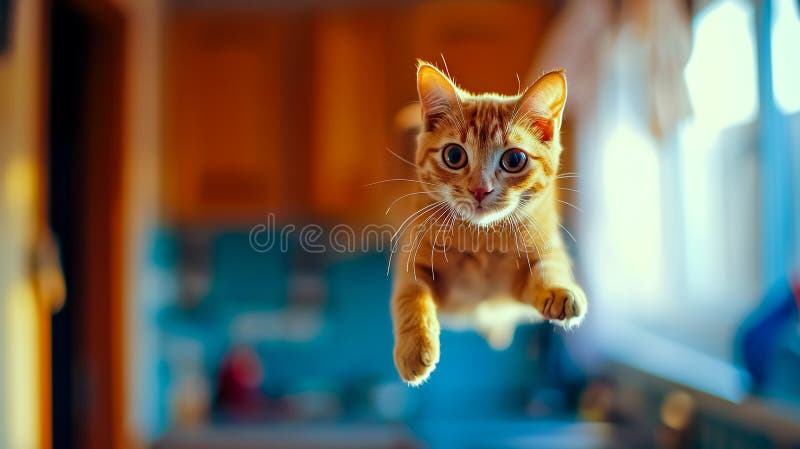Surprised Funny Cat Flying. Cat Jumping Mid-air Looking at Camera Stock ...