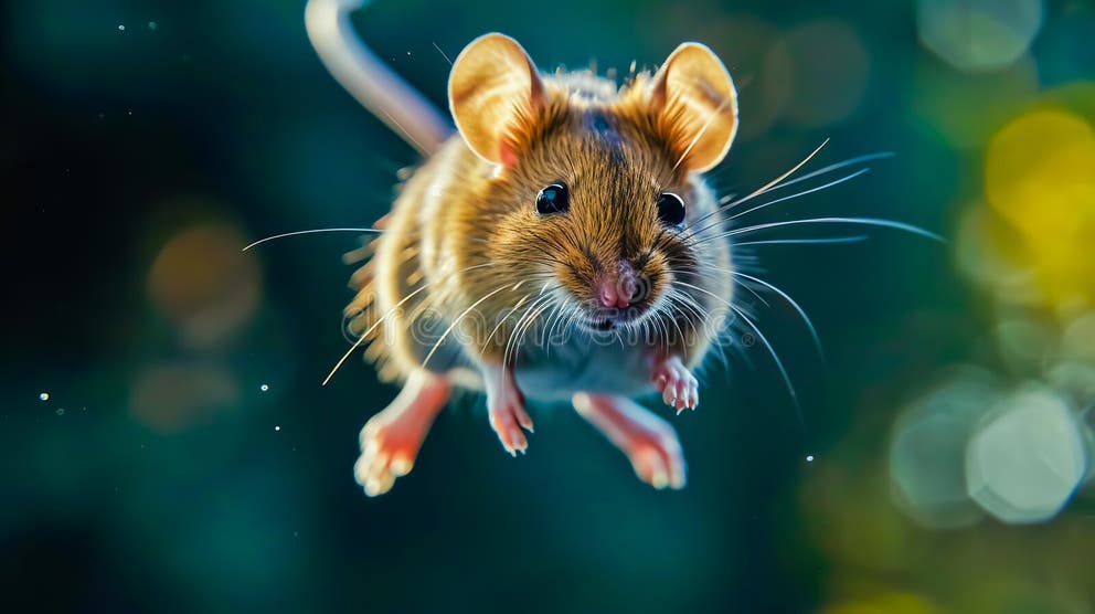 Surprised Funny Mouse Flying. Mouse Jumping Mid-air Looking at Camera ...