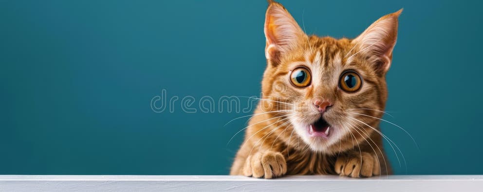 Surprised Ginger Cat Looking Over a Ledge, Close-up. Funny Pet ...