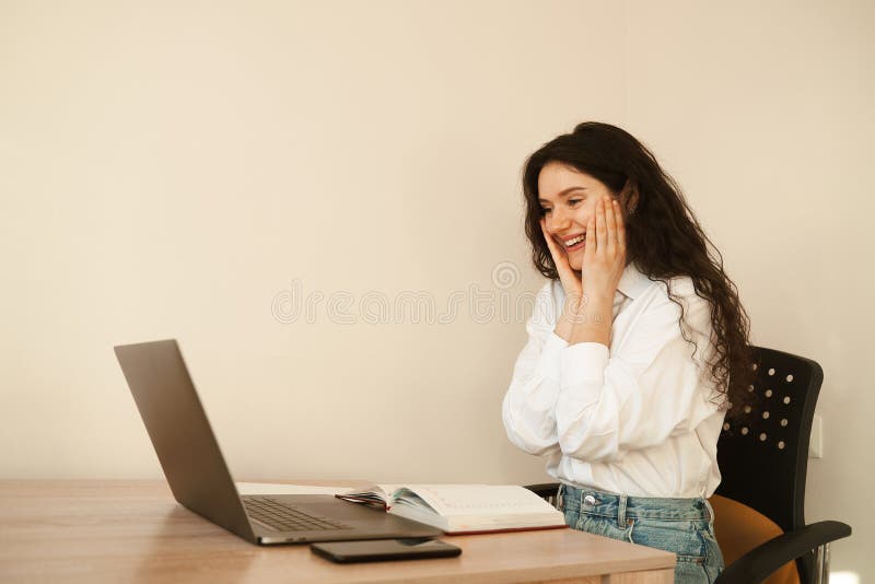 Surprised Girl Enjoying Friendly Video Call on Laptop Computer Using ...