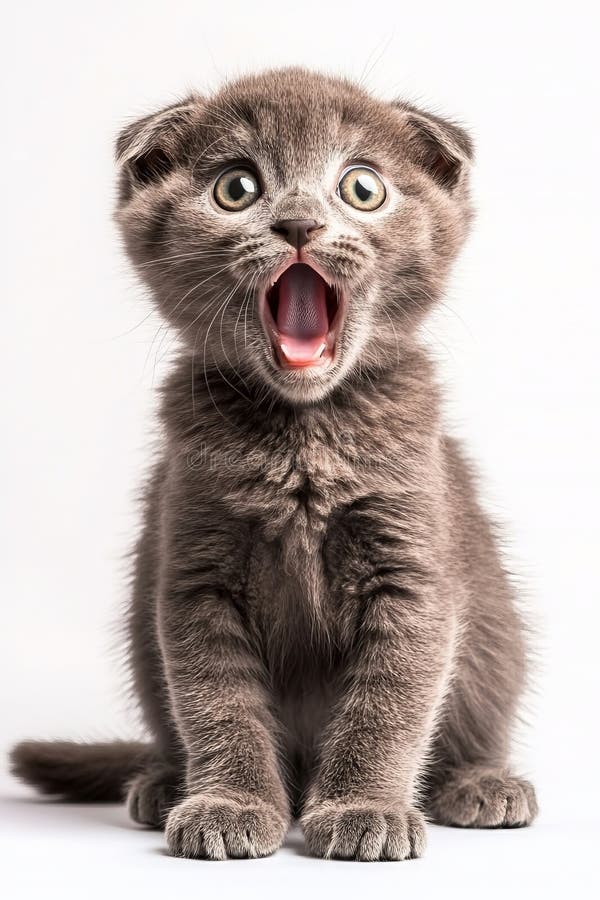 Surprised Gray Kitten with Mouth Open Wide, Isolated on White ...
