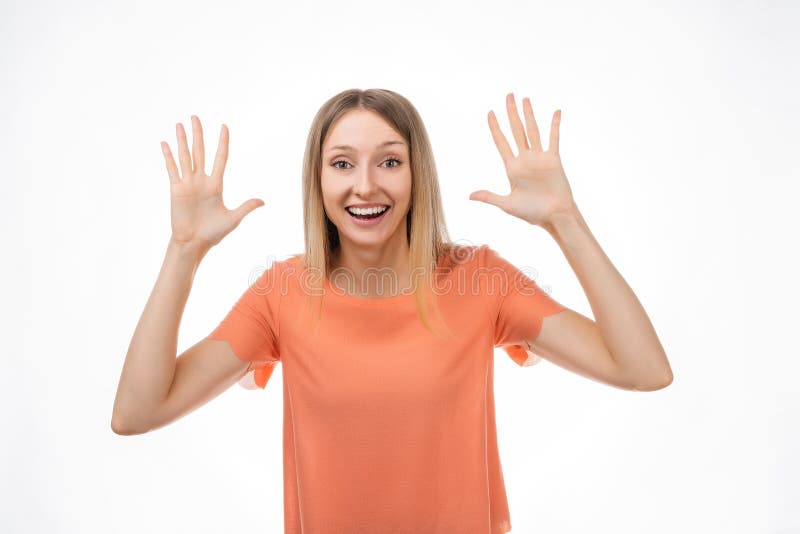Surprised And Happy Blond Girl Express Overjoy And Surprised Spread