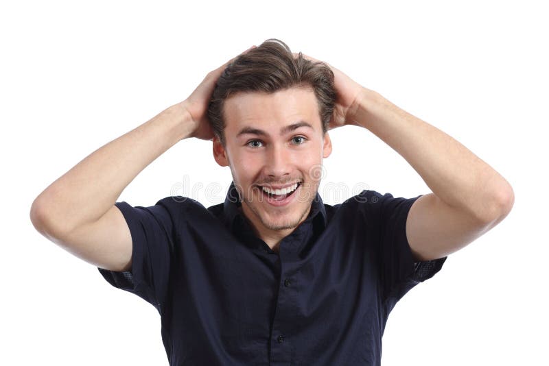 Surprised Happy Man Smiling With Hands On Head Stock Image - Image ...