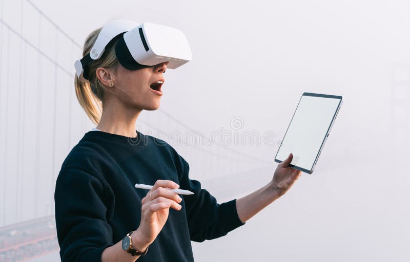 Surprised Hipster Girl Exploring Simulation Environment with Augmented ...