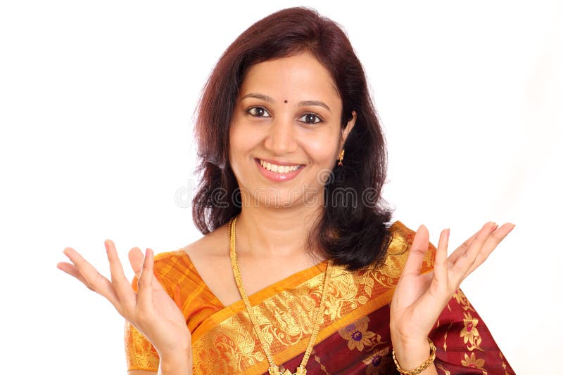 Excited Traditional Indian Woman Stock Image - Image of laugh, designed ...