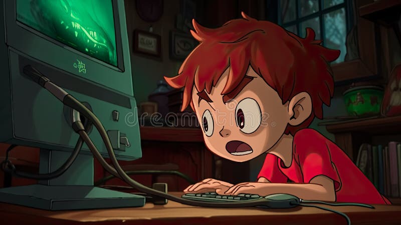 Surprised Kid is Playing Game on Computer in His Room. Stock ...