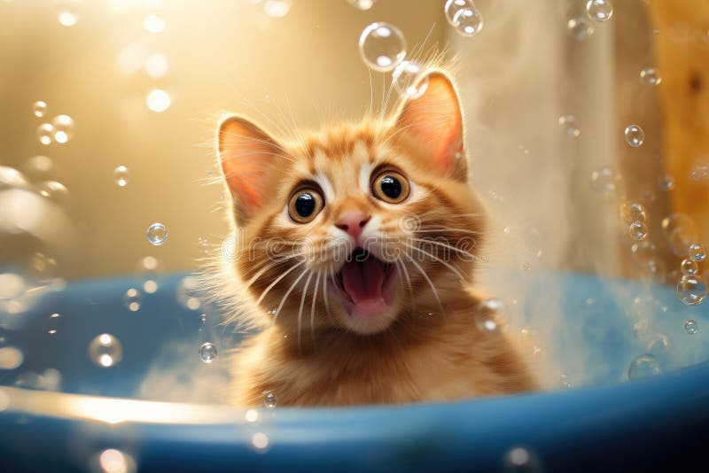 Surprised Kitten in Round Plastic Bath Stock Photo - Image of kitty ...