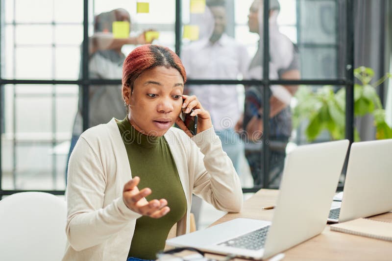 Mobile Communication Concept. Portrait Black Female Talking on ...