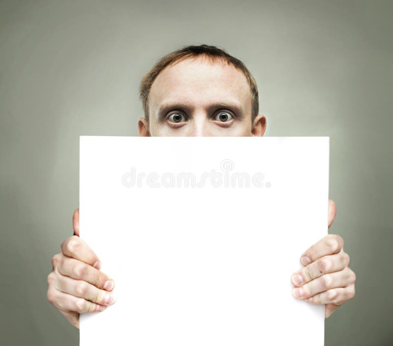 Surprised Man Holding Blank Sign Paper Stock Photo - Image of male ...