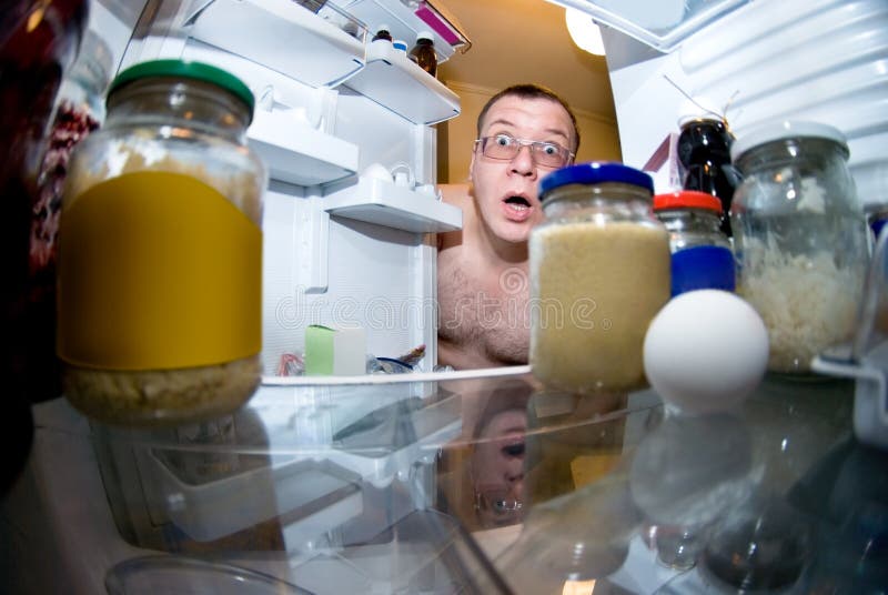 Surprised Man Looks into Fridge Stock Image - Image of caucasian ...