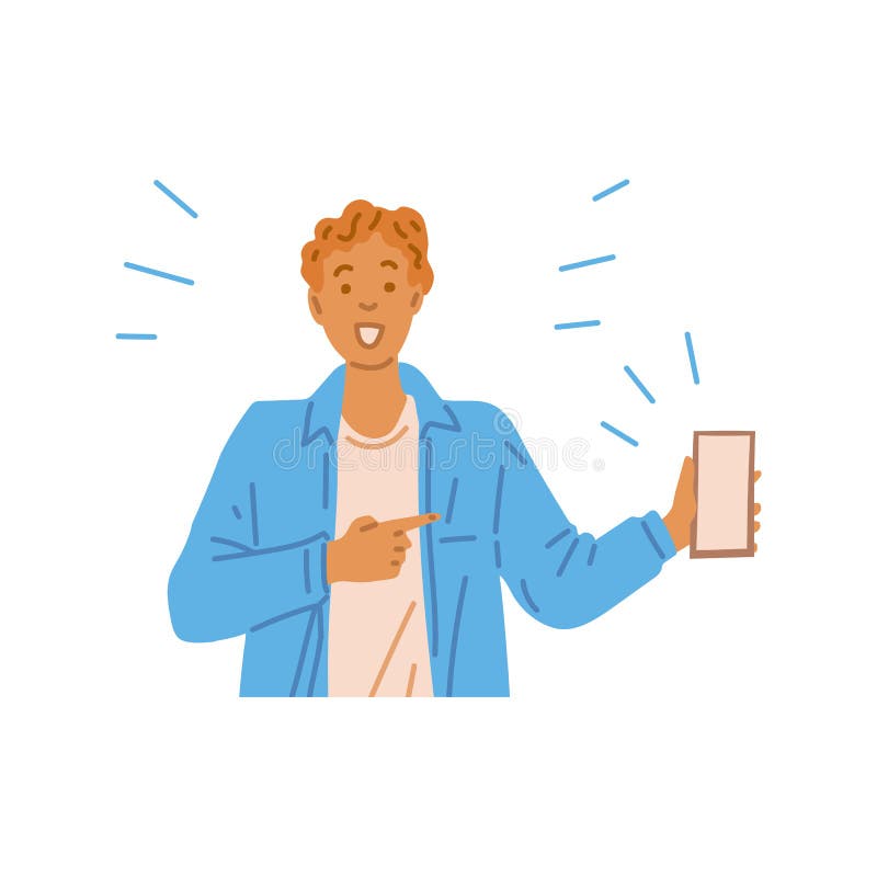 Surprised Man Points Finger at Mobile Phone, Flat Vector Illustration ...